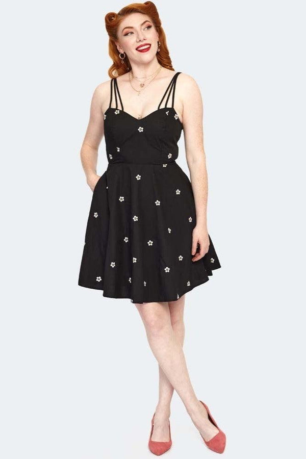 Daisy Embroidery Strappy Flare Dress by Voodoo Vixen - Dark Fashion ...