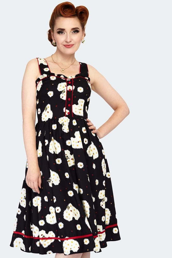Daisy Hearts Flared Dress by Voodoo Vixen - Dark Fashion Clothing