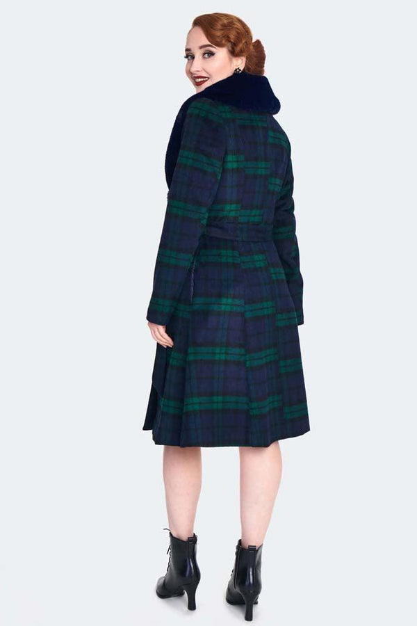 Tartan Flare Coat with Fur Collar by Voodoo Vixen - Dark Fashion Clothing