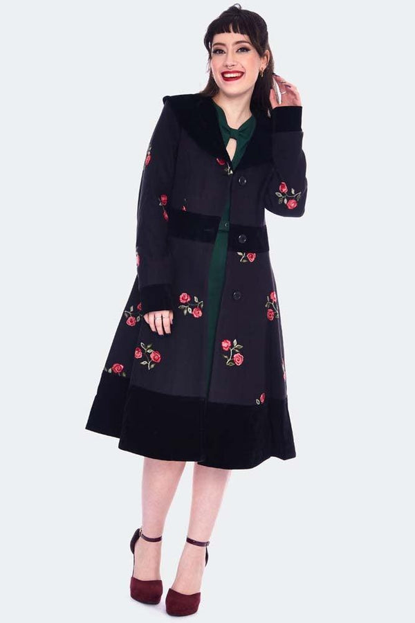 Flo Black & Red Floral Flocked Coat by Voodoo Vixen - Dark Fashion Clothing