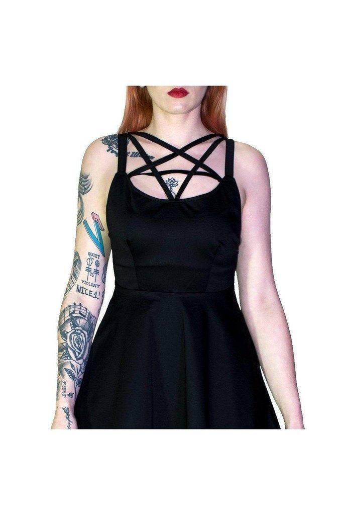 Pentagram Strap Black Mini Dress - Tamsyn - Dark Fashion Clothing